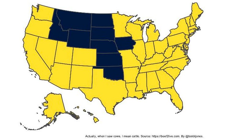 List of US states with more cows than people, numbers and ratios 2020