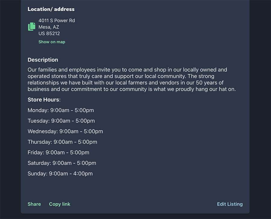 Raw milk listings with rich text descriptions